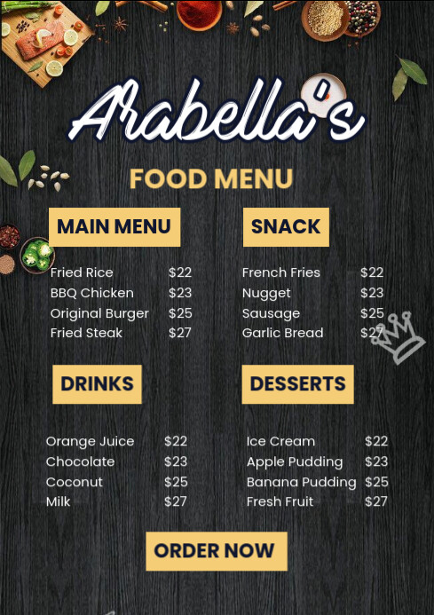 Copy of Arabella's Food Menu Layout | PosterMyWall