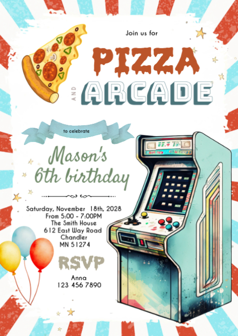 Arcade and pizza party invitation Template | PosterMyWall