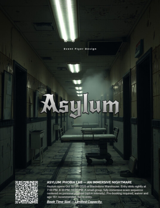 Asylum — Phobia Lab Immersive Halloween Flyer Template 2025 | PosterMyWall