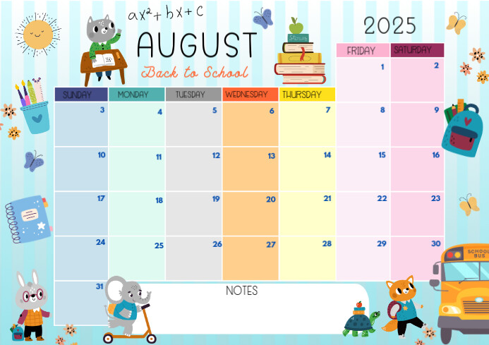 August 2025 Calendar Animal Cute Back to School Template | PosterMyWall