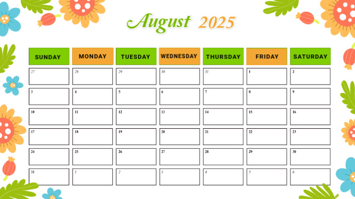 August 2025 Calendar Template | PosterMyWall