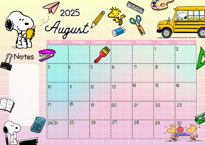 August Calendar 2025 Back to School Snoopy Template | PosterMyWall