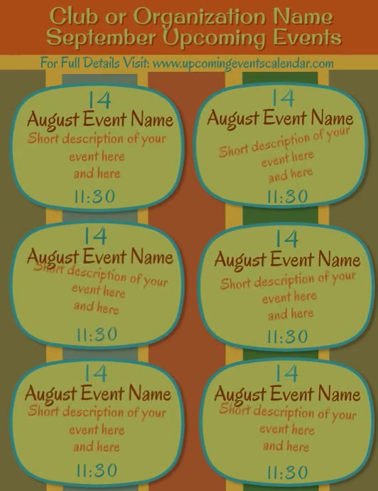 Plantilla de August Upcoming Events Artistic Calendar | PosterMyWall