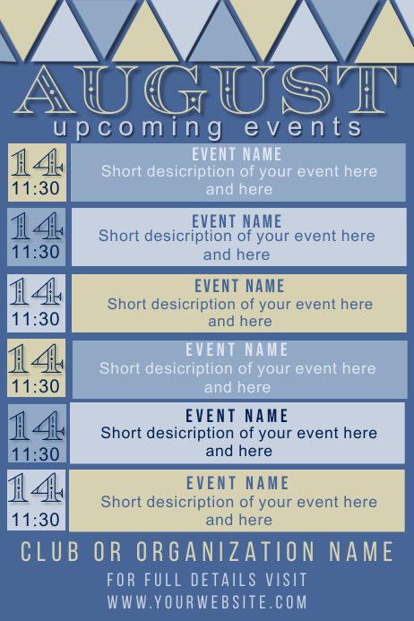 August Upcoming Events Calendar Deco Style Template | PosterMyWall