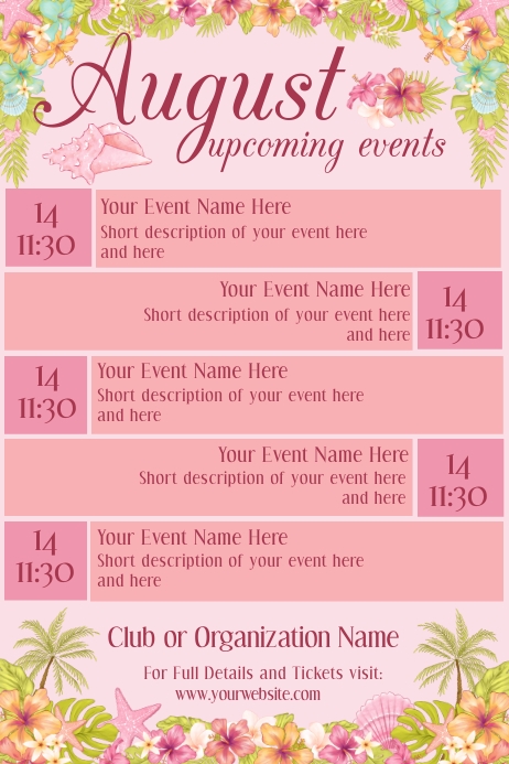 August Upcoming Events Calendar Template | PosterMyWall