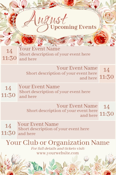 August Upcoming Events Calendar Template | PosterMyWall