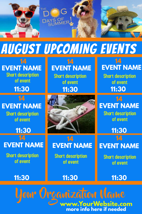 August Upcoming Events Calendar -Dog Days Template | PosterMyWall
