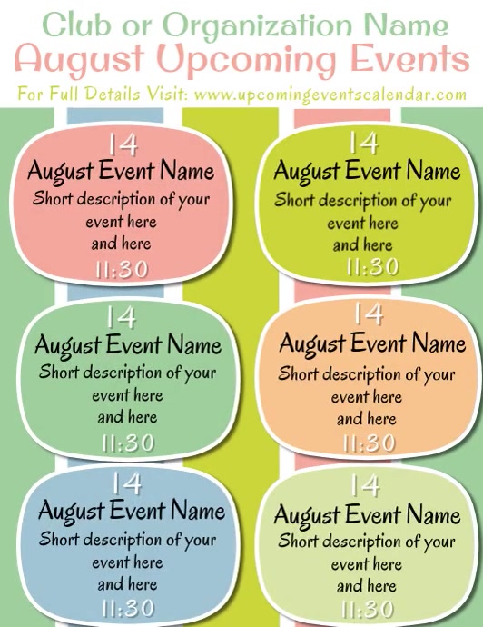 August Upcoming Events Calendar Summer Colors Template | PosterMyWall