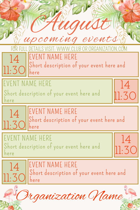 Copy of August Upcoming Events Calendar Tropical Summ | PosterMyWall