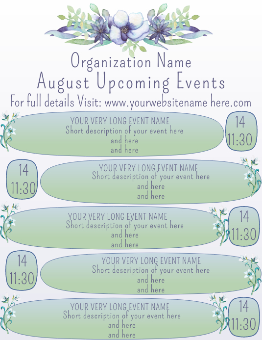 August Upcoming Events Watercolor Floral Cale Template | PosterMyWall