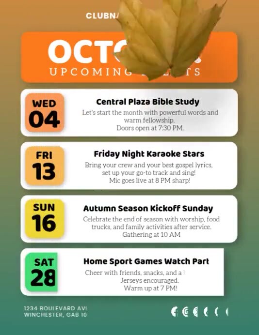 Szablon Autumn Fall October Upcoming Events Calendar Schedule Video ...