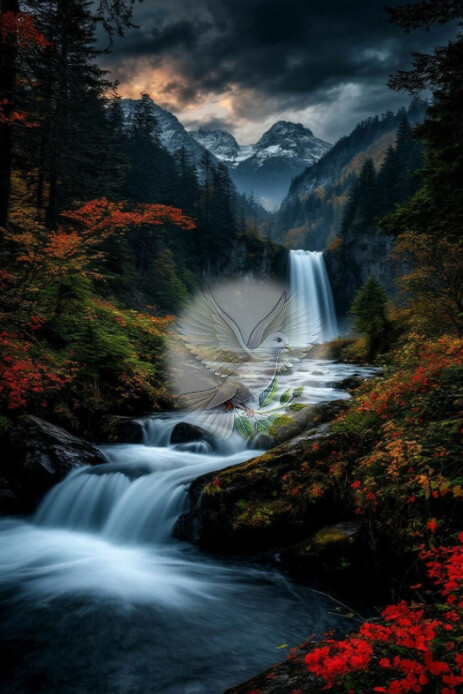 Autumn Waterfall & Dove of Peace Background Template | PosterMyWall