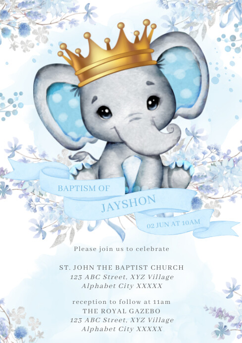 Copy of Baby Blue Floral Baptism Invitation A4 | PosterMyWall
