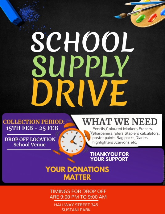 Back to school, school supply drive Template | PosterMyWall