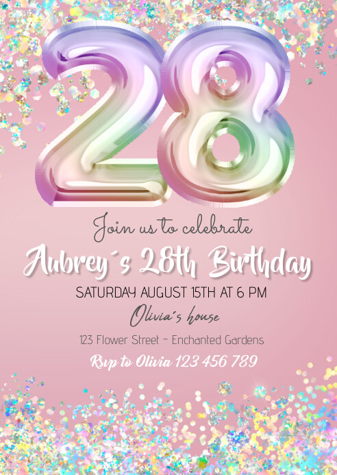 balloon glitter 28th birthday invitation Template | PosterMyWall