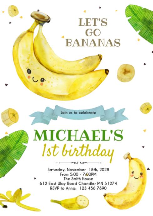 Banana birthday theme party invitation Template | PosterMyWall