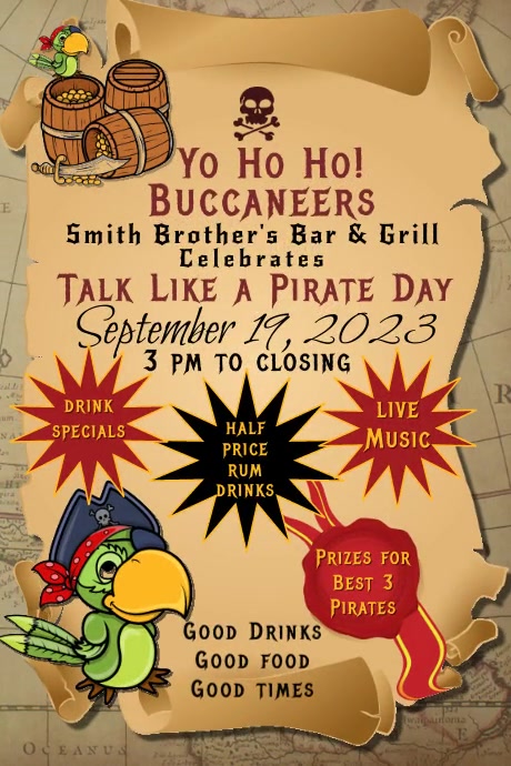 Bar Event: Talk Like a Pirate Day Special Template | PosterMyWall