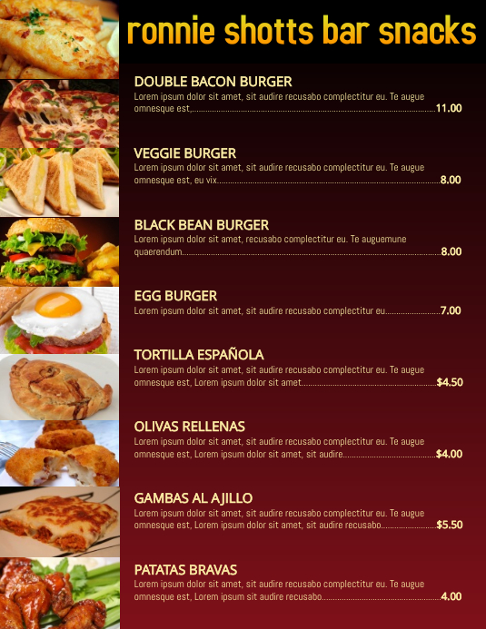 Bar Snacks Food Menu Poster Customization Flyer Restaurant Template Bar Snacks Food Menu Poster Customization Flyer Restaurant Template