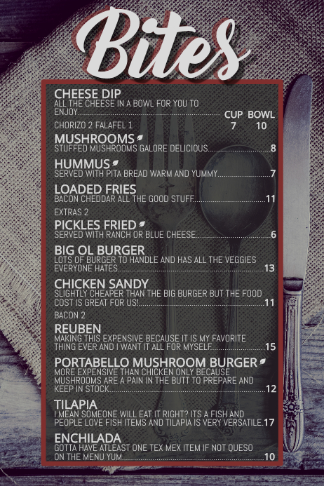 Copy of bar snacks restaurant food menu | PosterMyWall