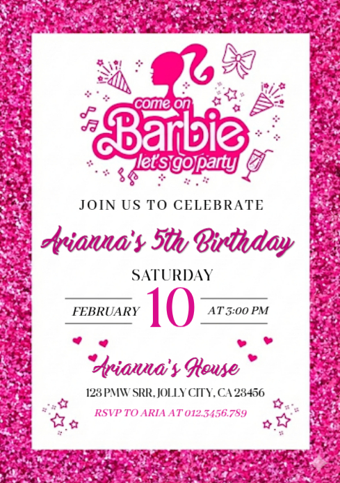 Barbie-Themed 5th Birthday Invitation | Pink Glitter Party Flyer ...