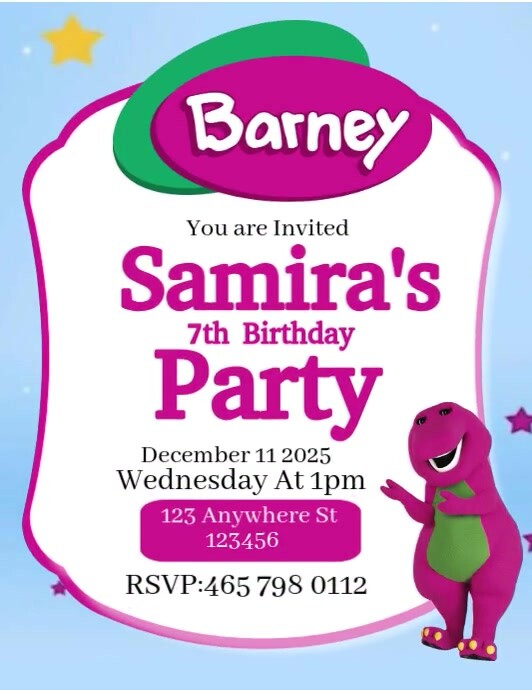 Barney Birthday Invitation Barney Birthday Barney Birthday Party