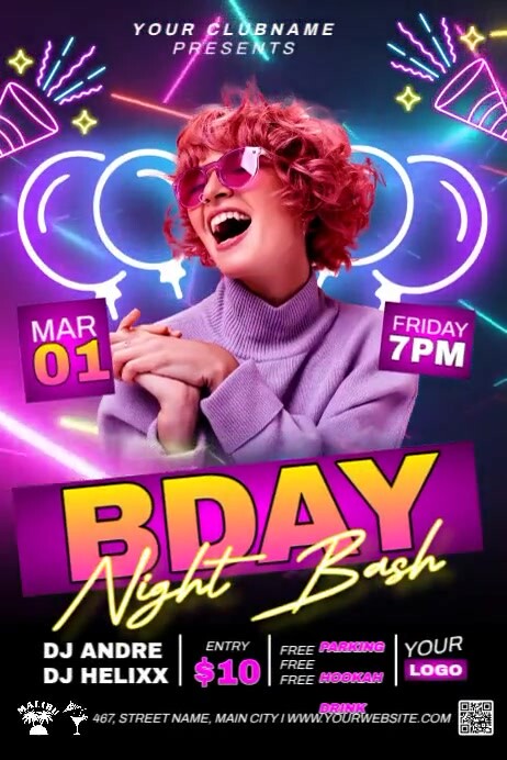 Bday Night Bash Neon Template | PosterMyWall
