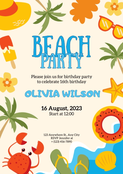 Summer Beach Party Birthday full colour Template | PosterMyWall