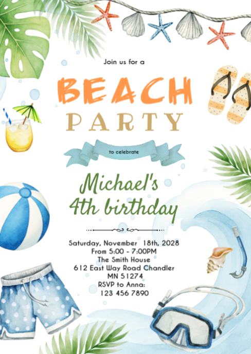 Beach pool theme party invitation Template | PosterMyWall