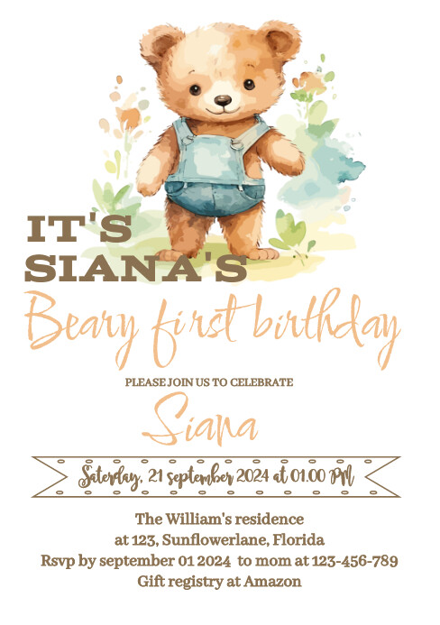 Beary first birthday invitations Template | PosterMyWall
