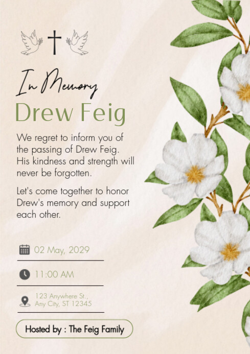 Copy of Beige and Green Watercolor Floral Death Announcement | PosterMyWall