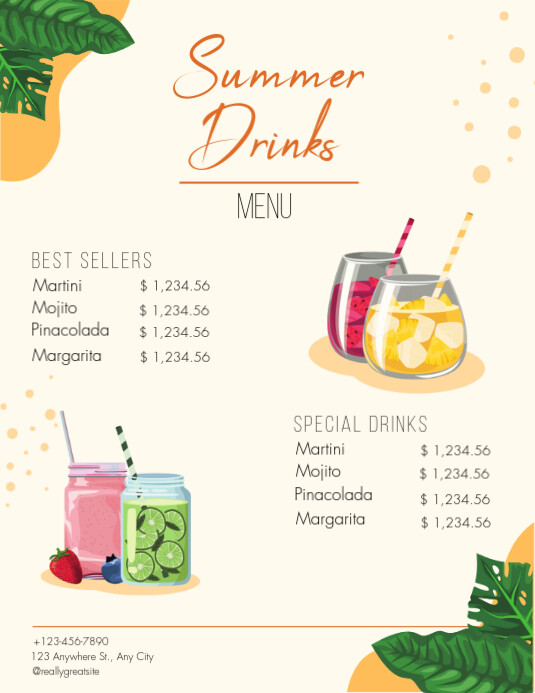 Beige And Orange Illustrative Drinks Menu A4 Templat | PosterMyWall