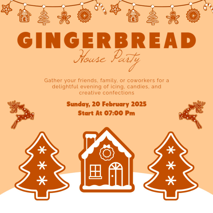 beige and white illustrative gingerbread house party Template ...