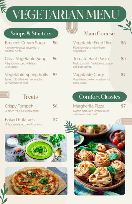 Beige Green Cute Aesthetic Vegetarian Menu Template (Half Page Wide ...