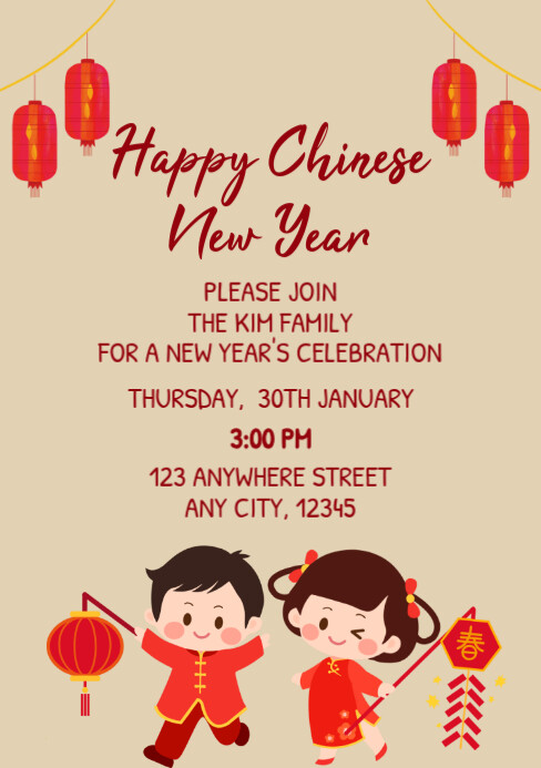 Beige Illustrative Chinese New Year Invitation Card A5 Template ...