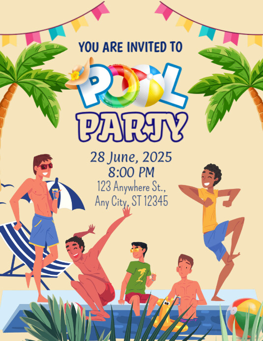Beige Ilustratif Pool Party Invitation Pamflet (letter As) Template ...
