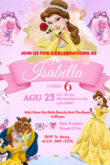 Belle Beauty And The Beast Invitation princess Disney happy Brithday ...