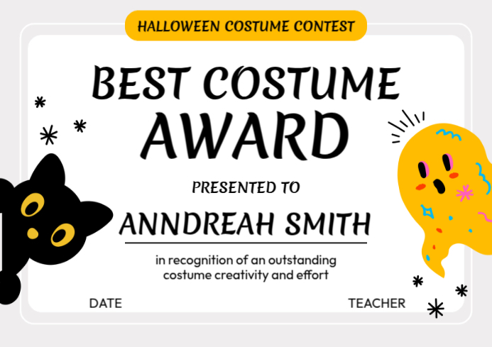 Best Halloween Costume Award Certificate Template | PosterMyWall