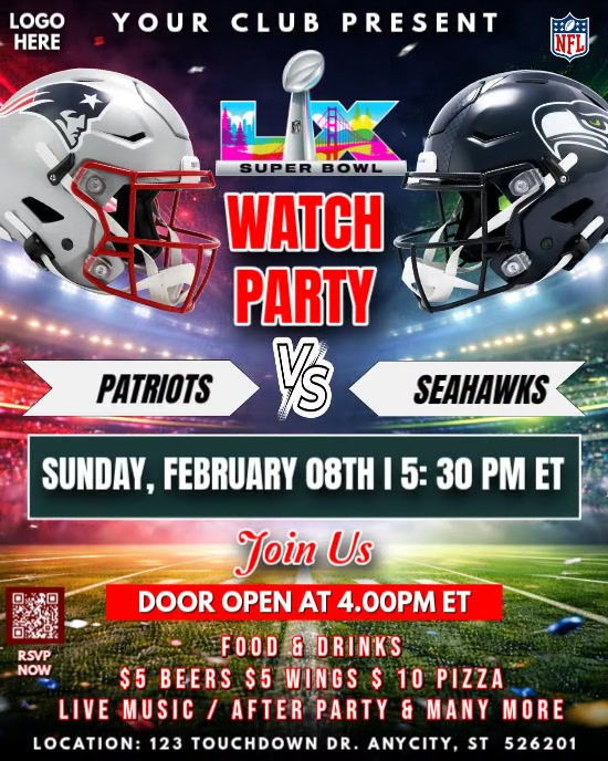 Plantilla de Big Game Sunday: Patriots vs Seahawks Super Bowl Watch ...