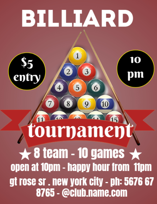 BILLIARD TOURNAMENT POSTER Template | PosterMyWall