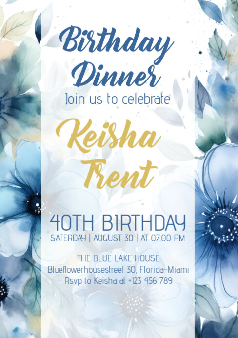 Copy of Birthday dinner blue flower invitation | PosterMyWall
