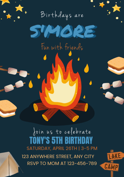 birthday invitation camp theme with marsmellow Template | PosterMyWall