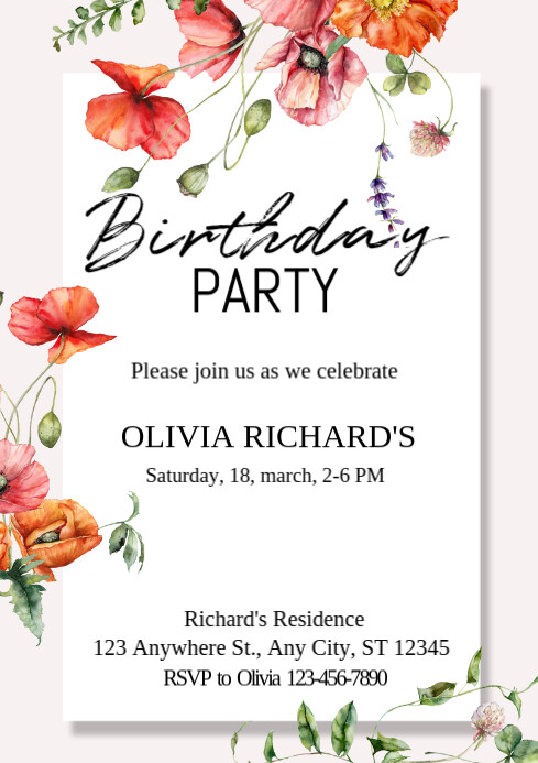 Birthday party invitation with flowers Template | PosterMyWall