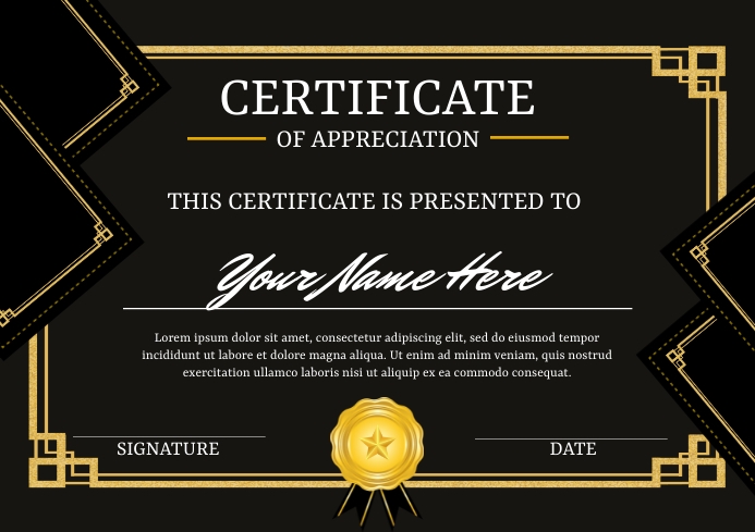 Black & Gold Certificate Of Appreciation Template | PosterMyWall