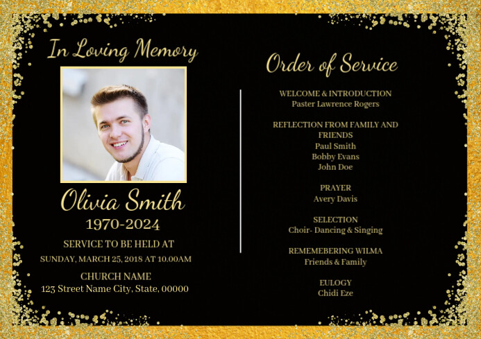 Black & Gold Funeral Program Template | PosterMyWall