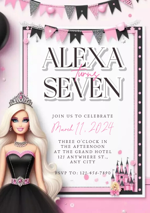 Plantilla de Black & Pink Barbie - Birthday Invitation | PosterMyWall