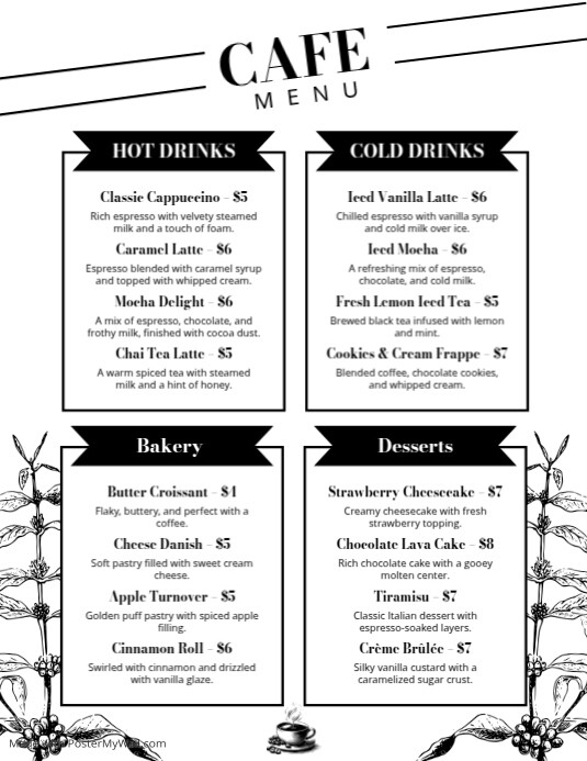 Black & White Simple Cafe Menu A4 Template | PosterMyWall