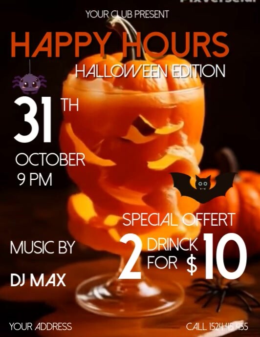 Copy of Black 3d Halloween Happy Hours Pub Bar Night Party Volantino ...