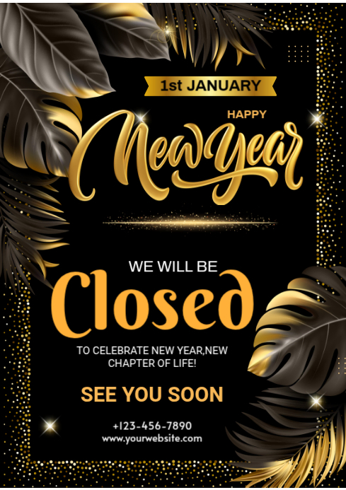 Black 3d New Year Closed Announcement A4 Template | PosterMyWall