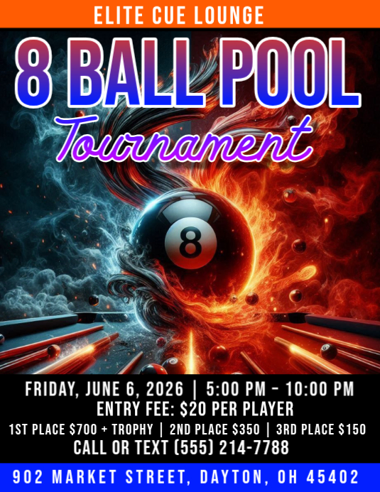 Black 8 Ball Pool Tournament Flyer Template | PosterMyWall