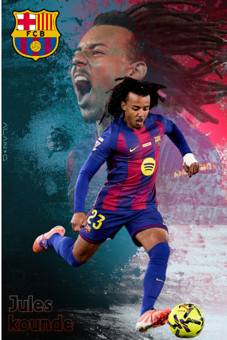Black Abstract Barcelona Fc Jules Kounde Poster Template | PosterMyWall
